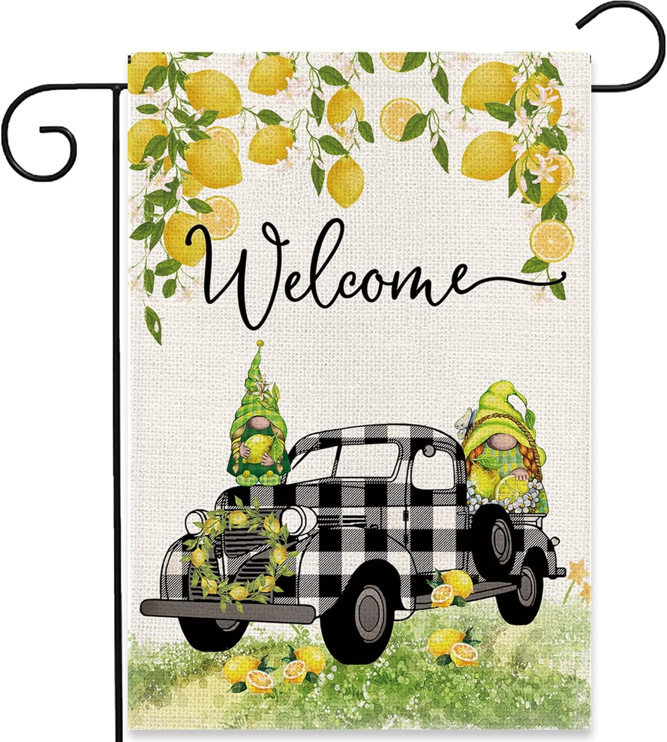 Lemon Gnome Welcome Garden Flag Spring Summer Lemon Truck Buffalo Plaid ...