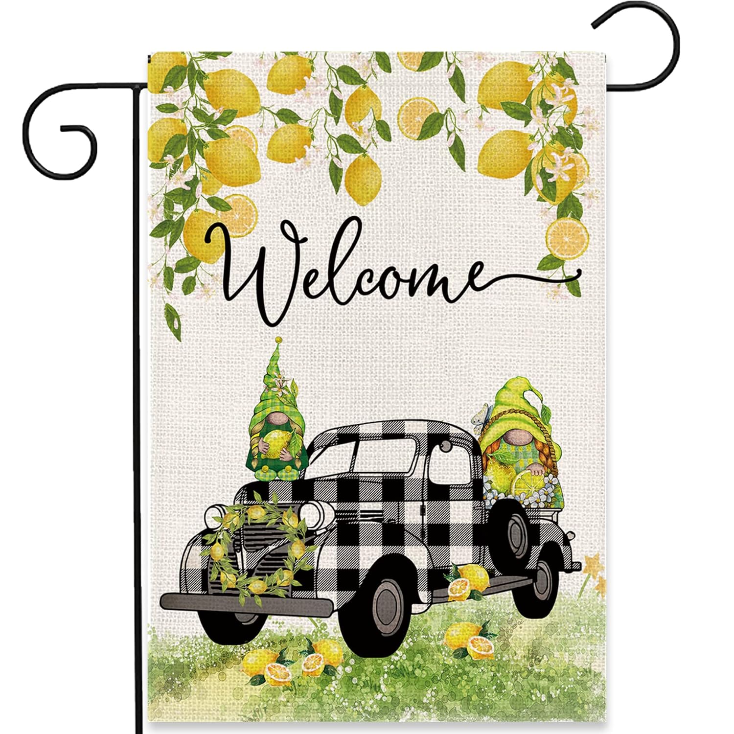 Lemon Gnome Welcome Garden Flag Spring Summer Lemon Truck Buffalo Plaid ...