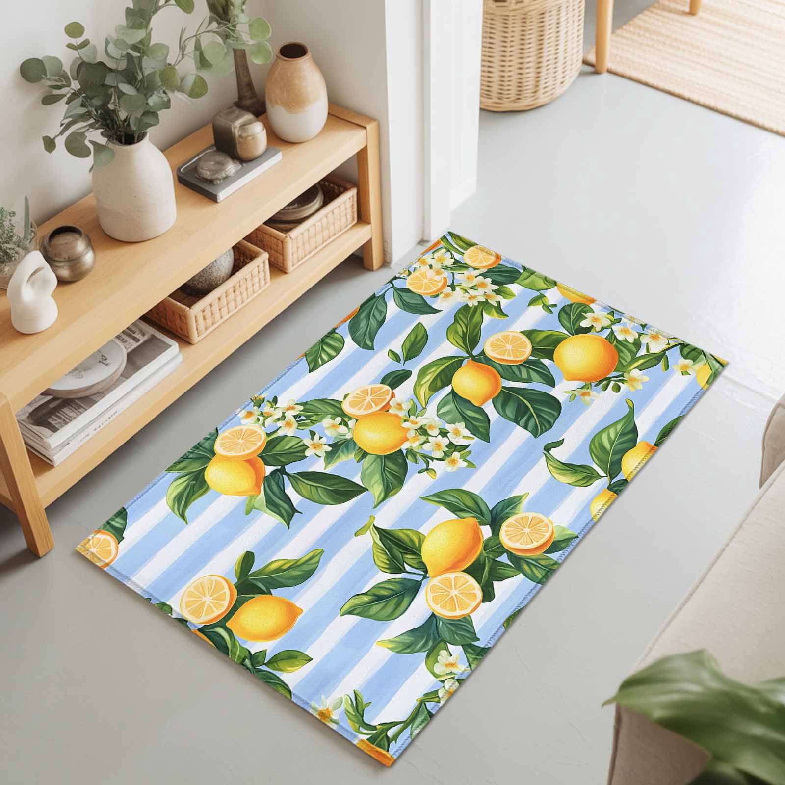 Lemon Green Leaves Watercolor Rectangle Rug 2'x3' Summer Flower Blue ...