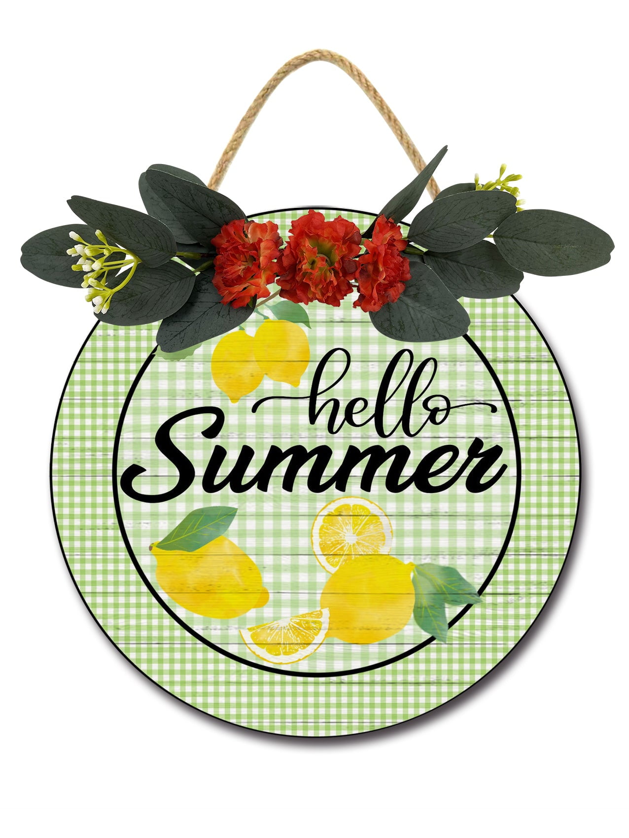Lemon Hello Summer Door Sign Home Decor Round Wood Wreaths Wall Hanging ...