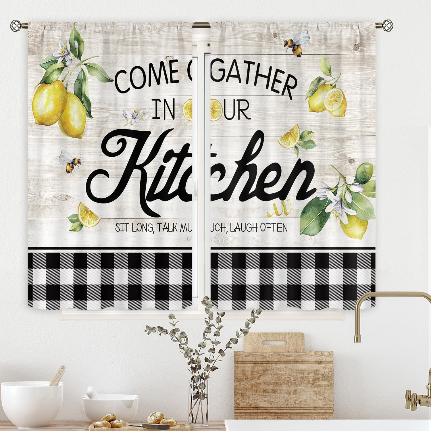Lemon Kitchen Curtains 27.5Wx39H Inch Rod Pocket Rustic Lemon Kitchen ...