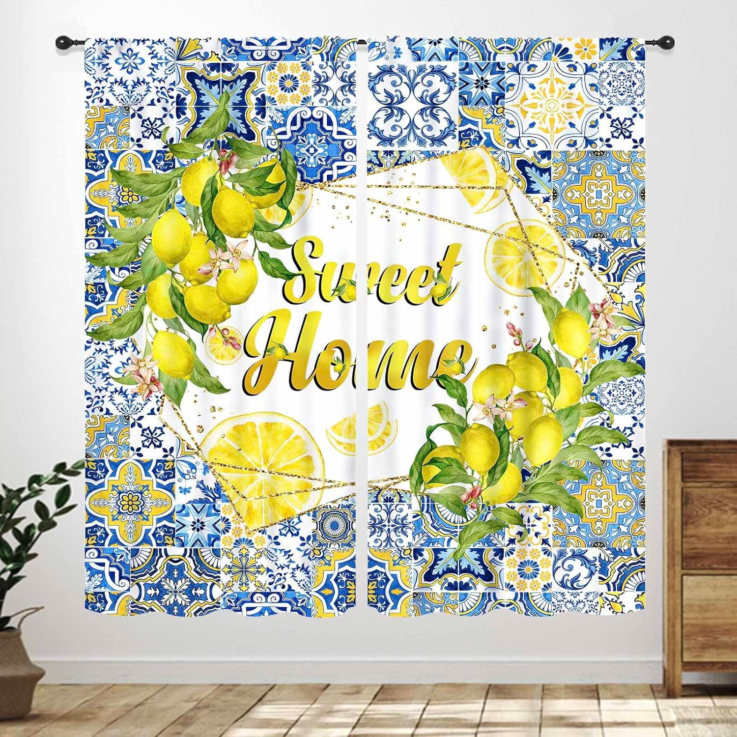 Lemon Kitchen Curtains,Retro Blue Tiles Lemon Country Summer Fruit ...