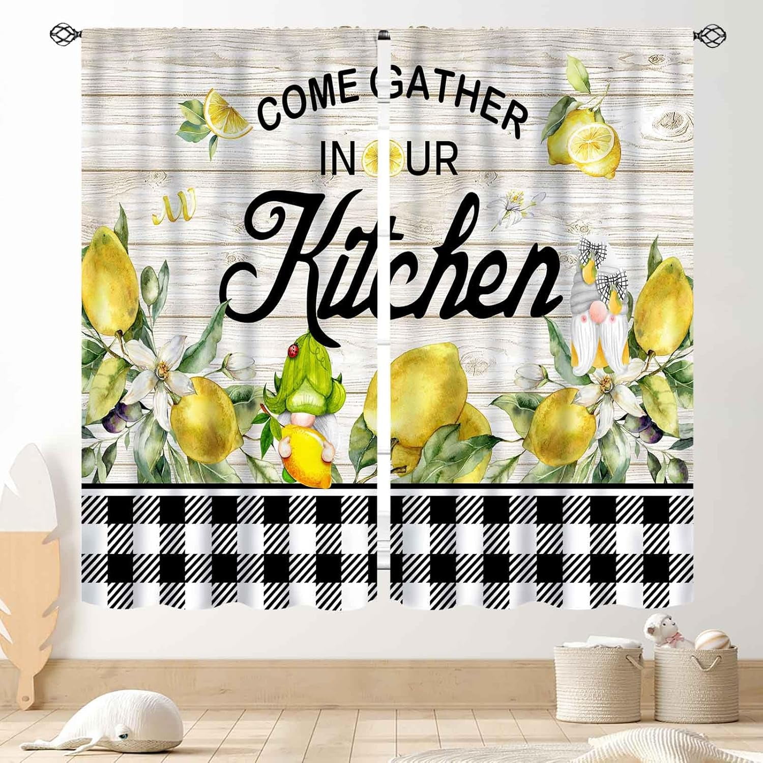 Lemon Kitchen Curtains, Rustic Summer Yellow Fruit Floral Lemon Leaves ...