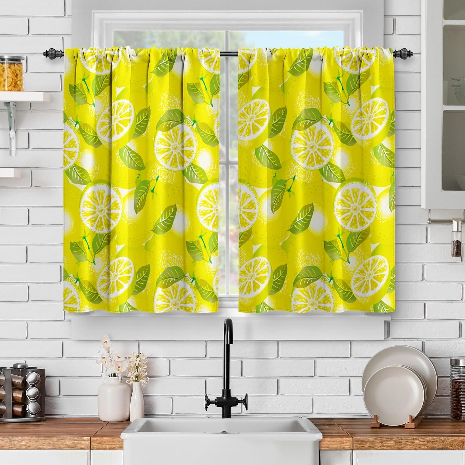 Lemon Kitchen Curtains Set for Windows: Yellow Lemon Slices with Leaves ...