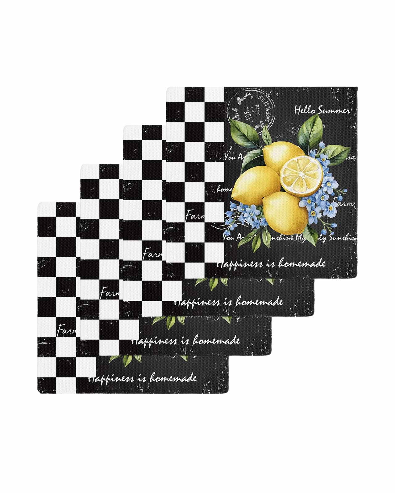 Lemon Kitchen Dish Towels for Drying Dishes Set of 4, Spring Summer Black White Checkered Plaid ...
