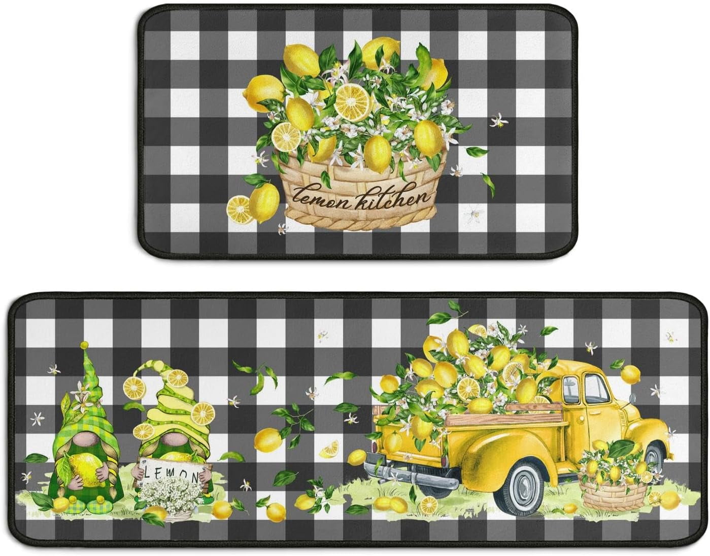 Lemon Kitchen Mat Set of 2, Farmhouse Black and White Buffalo Plaid ...