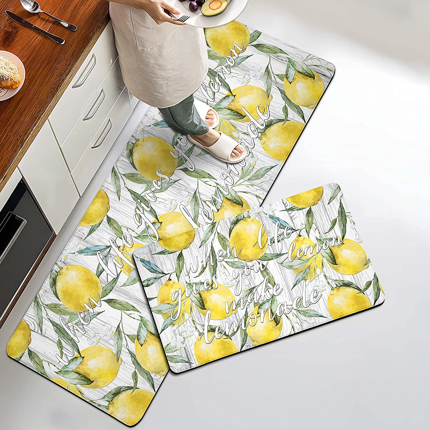 Lemon Kitchen Rug Set of 2 Buffalo Plaid Anti Fatigue Non-Slip Kitchen ...