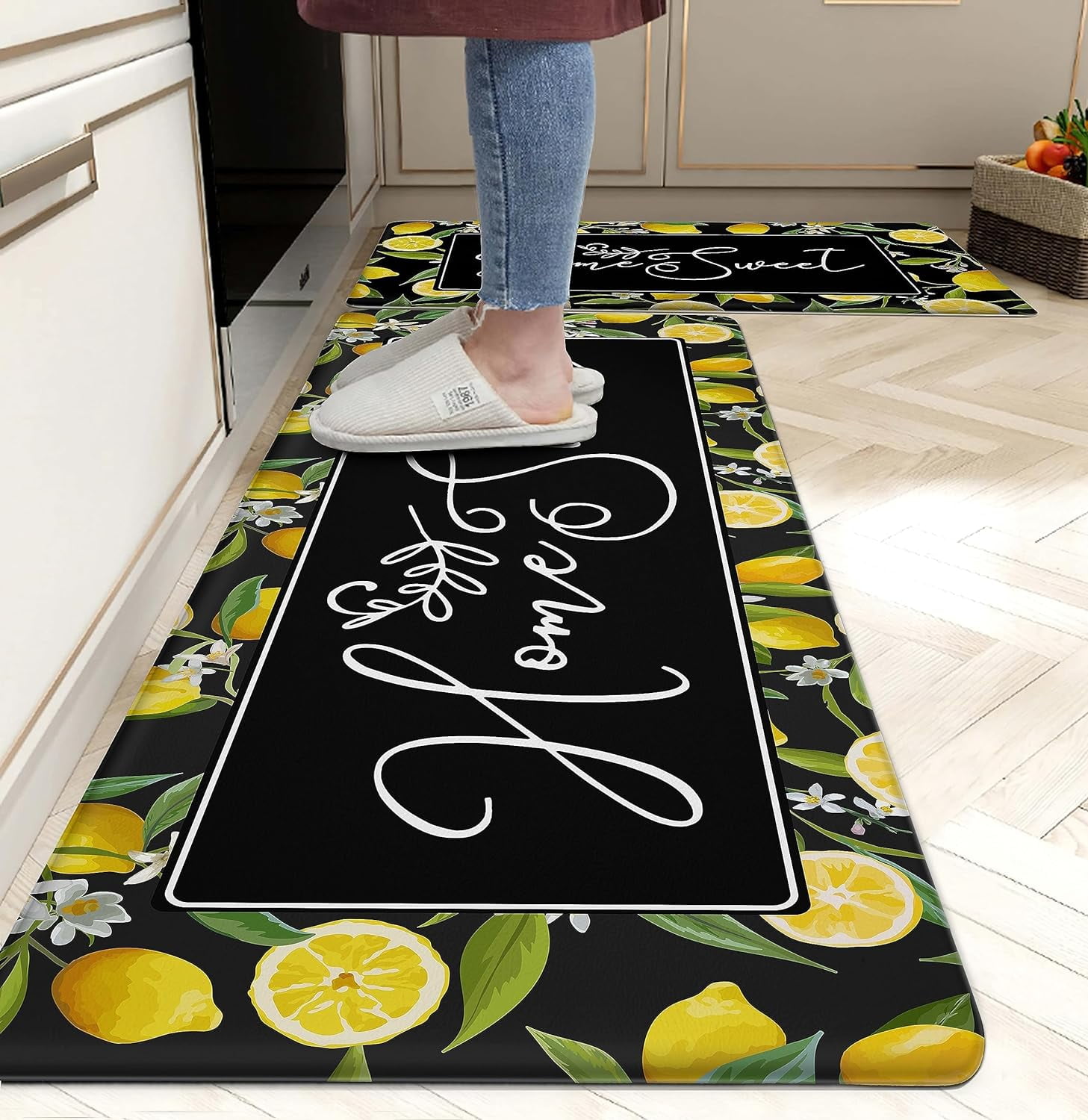 Lemon Kitchen Rugs Anti Fatigue Kitchen Mats For Floor Black Yellow Non ...
