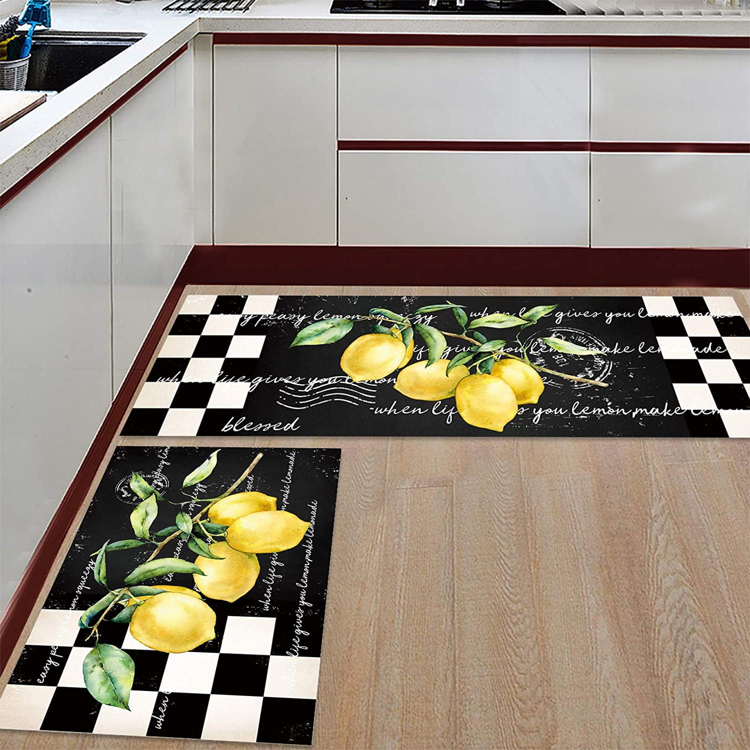 Lemon Kitchen Rugs, Kitchen Mats for Floor, Lemon Black White Buffalo ...