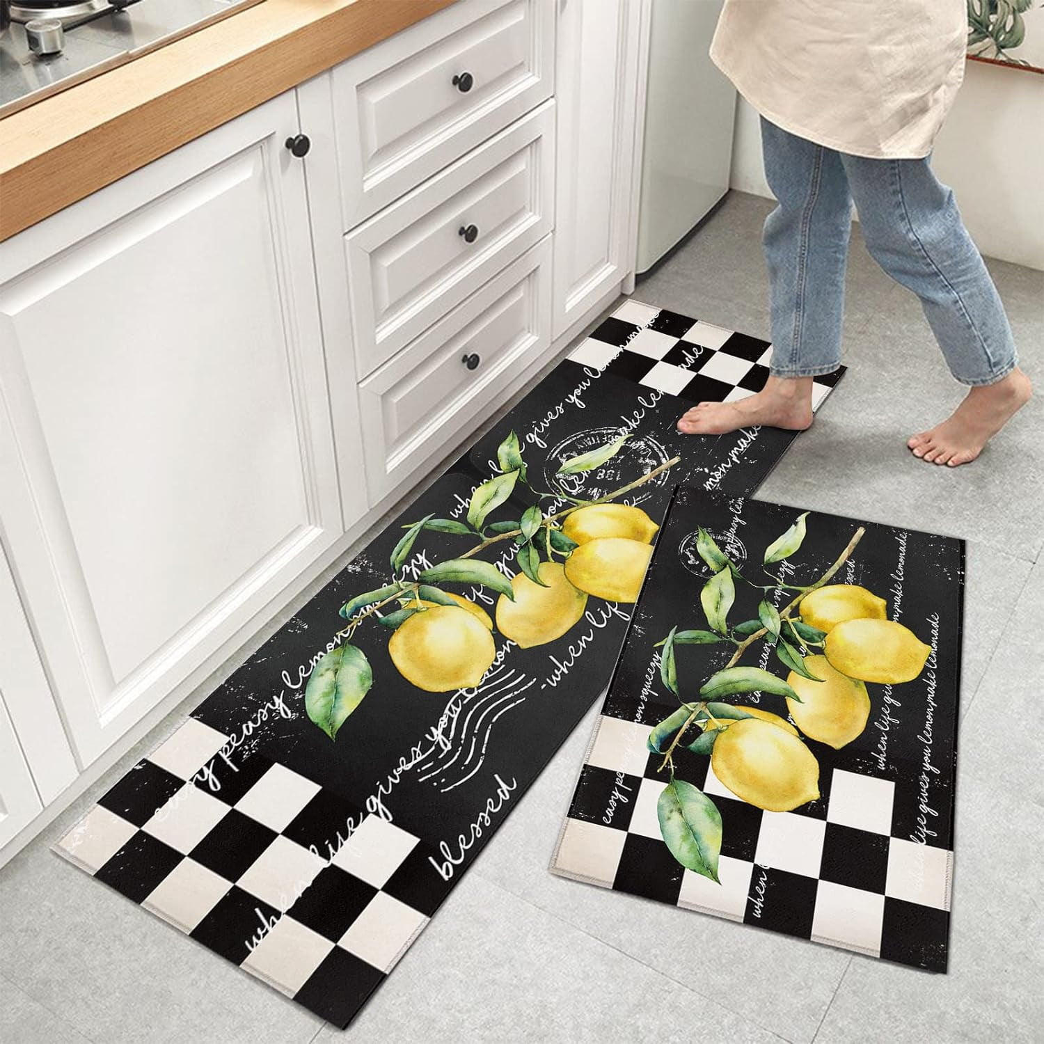 Lemon Kitchen Rugs, Kitchen Mats for Floor, Lemon Black White Buffalo ...