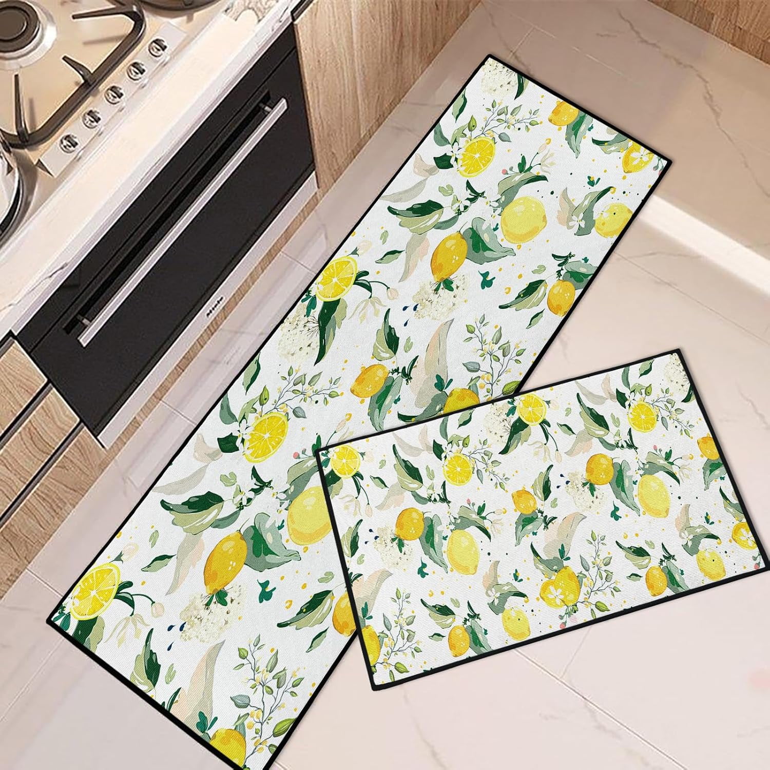 Lemon Kitchen Rugs and Mats Non Skid Washable Set of 2, Watercolor ...