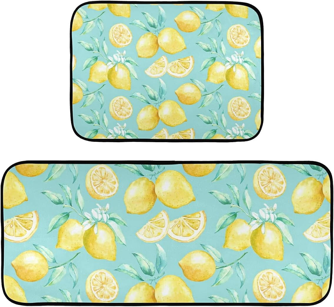 Lemon Kitchen Rugs and Mats 2 Piece Non Slip Washable Teal Runner Rug ...