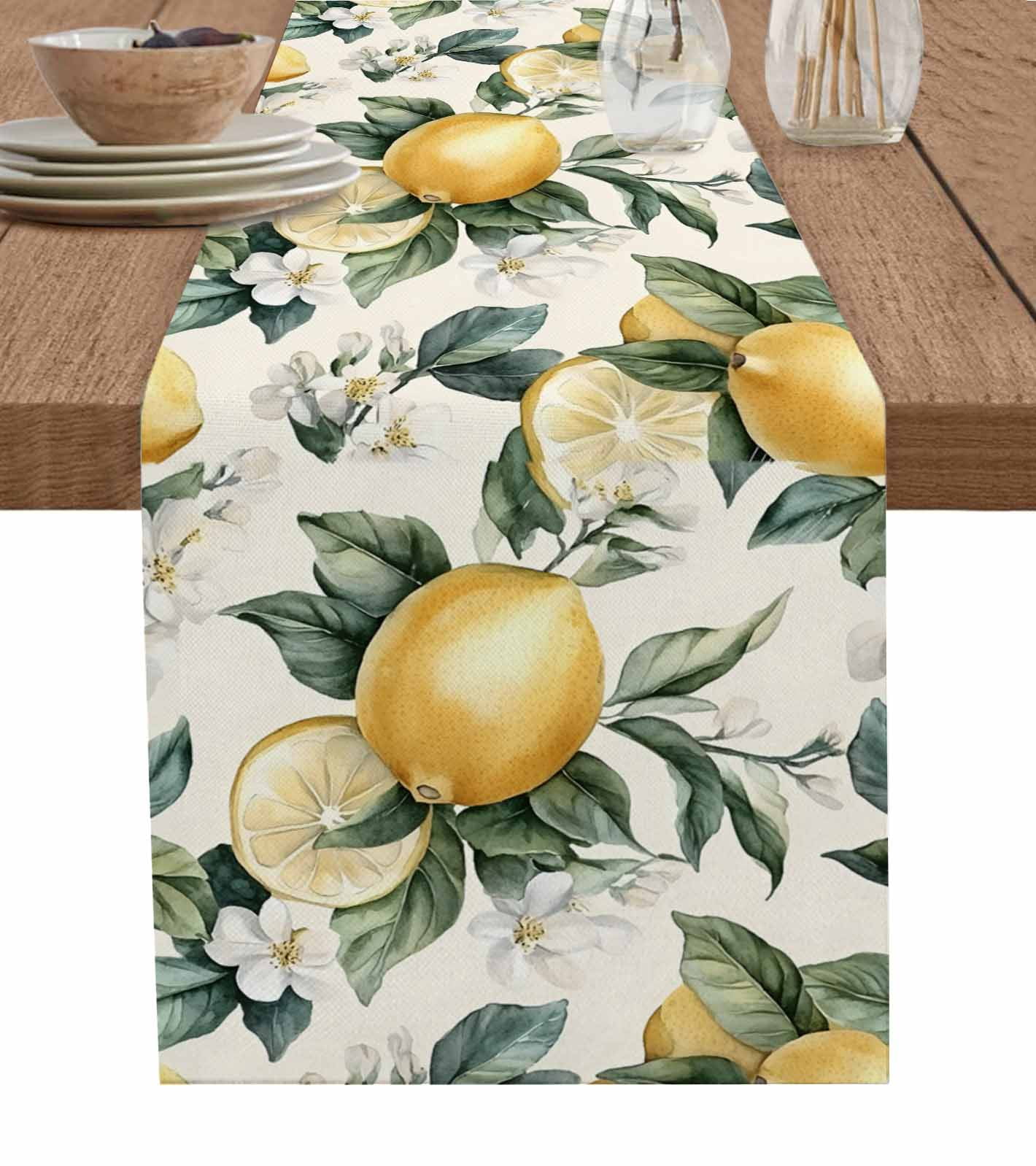 Lemon Leaf Burlap Cotton Table Runner 13x90 Inches Long, Floral Flower ...