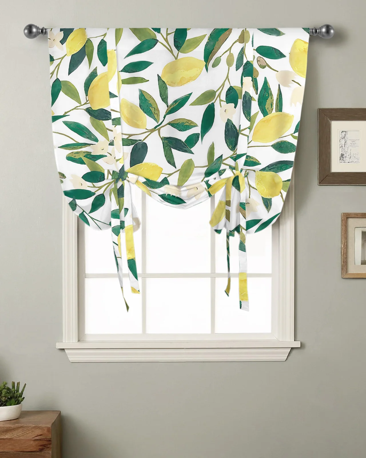 Lemon Leaf Flower Fruit Watercolor Kitchen Short Window Curtain Modern ...