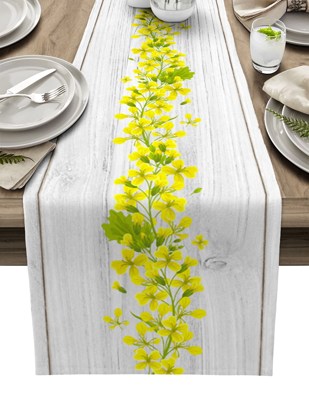 Lemon Leaf Flower White Wood Grain Table Runner Home Wedding Table Flag ...
