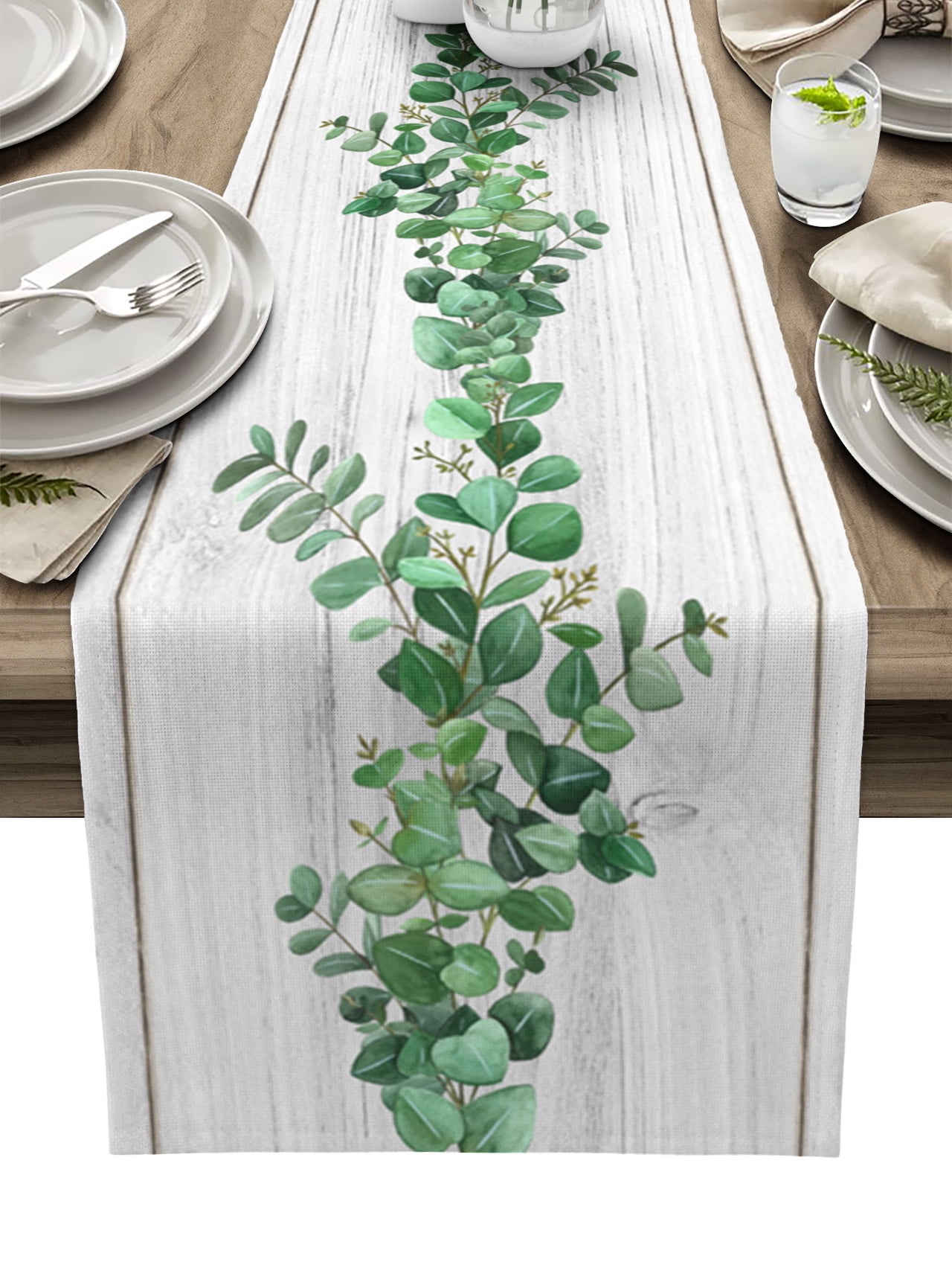 Lemon Leaf Flower White Wood Grain Table Runner Home Wedding Table Flag ...