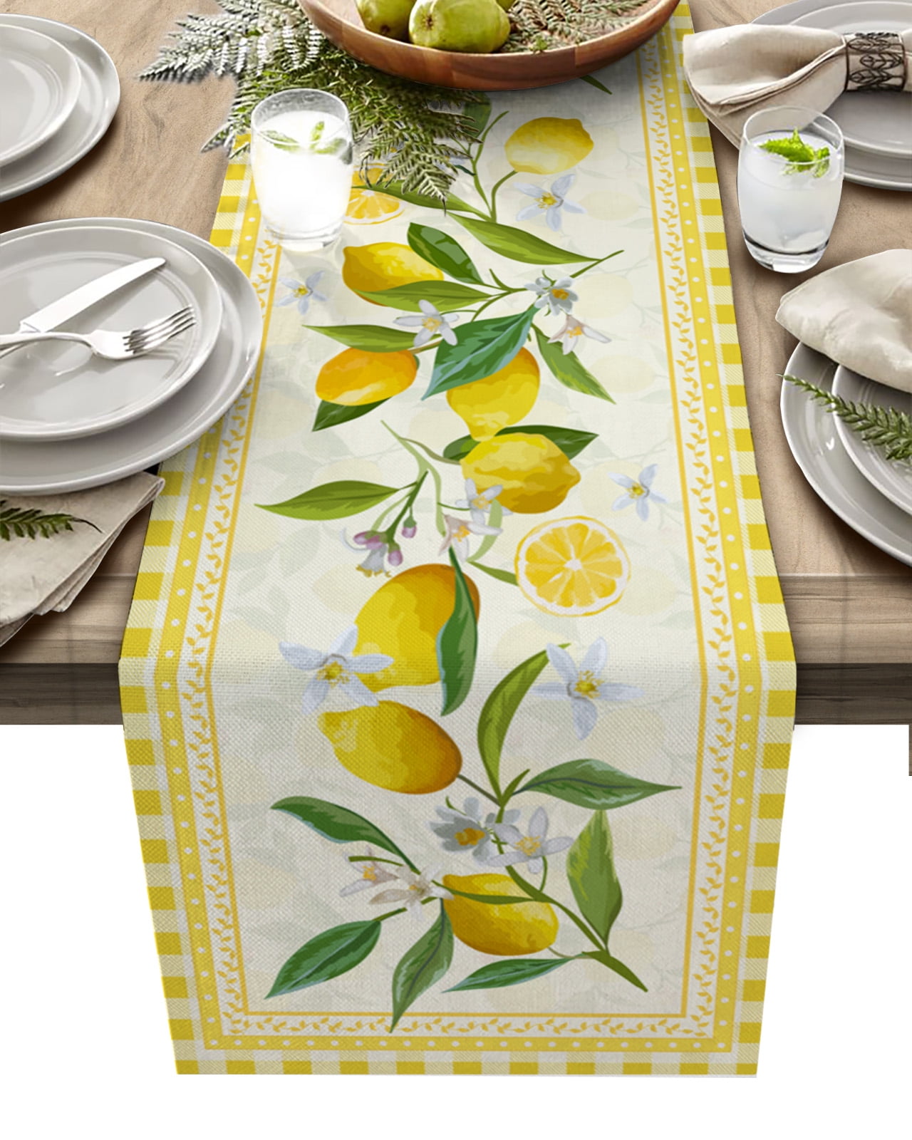 Lemon Leaf Flower White Wood Grain Table Runner Home Wedding Table Flag ...