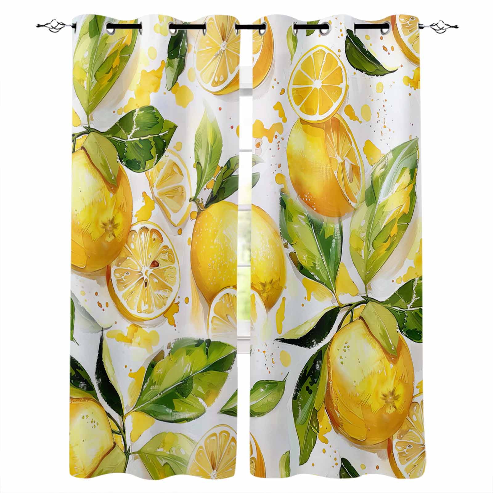 Lemon Leaf Watercolor Hand Drawn Curtains For Windows Drapes Modern ...