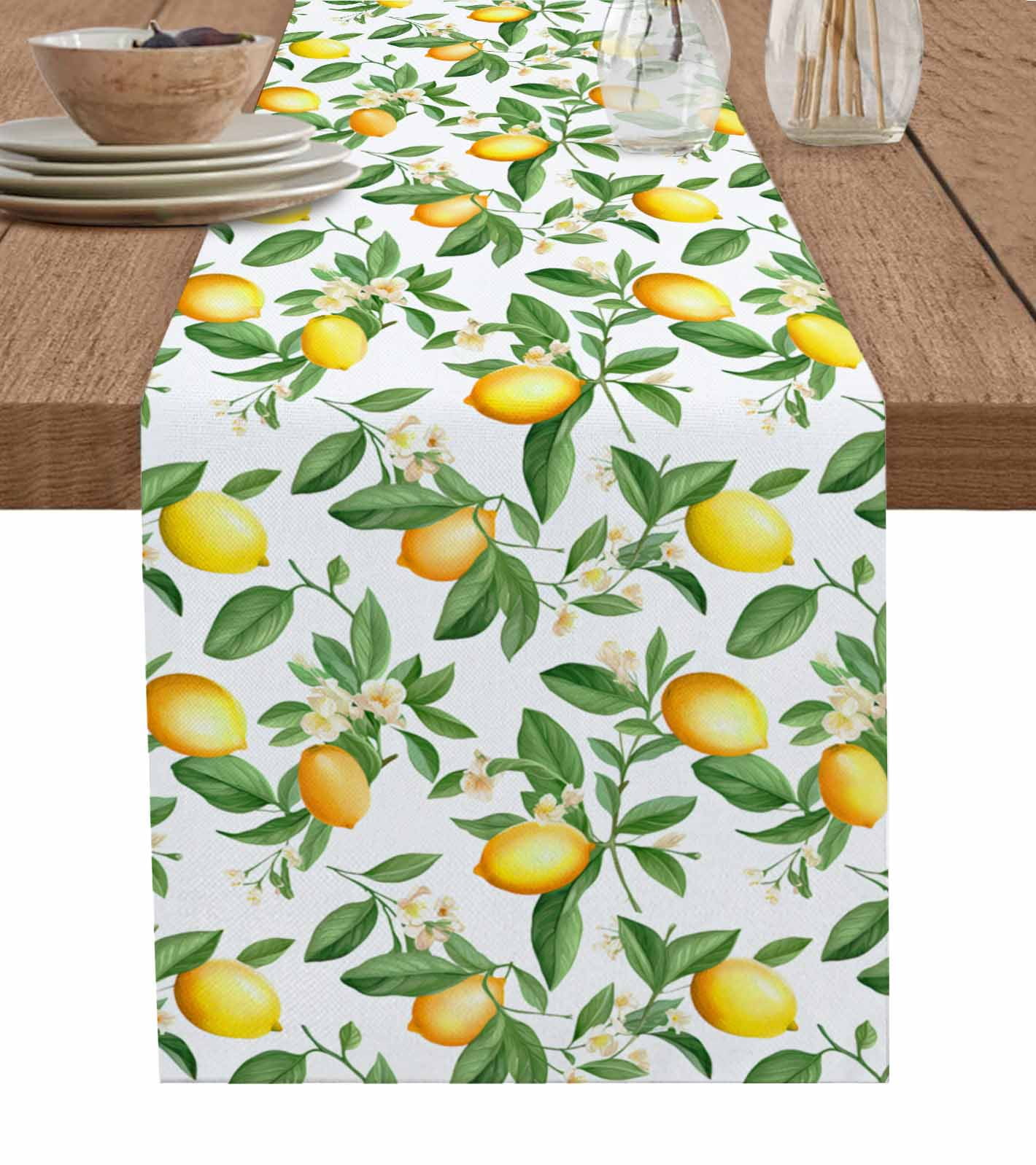 Lemon Leaf Watercolor Hand Drawn Table Runner Kitchen Table Cover ...