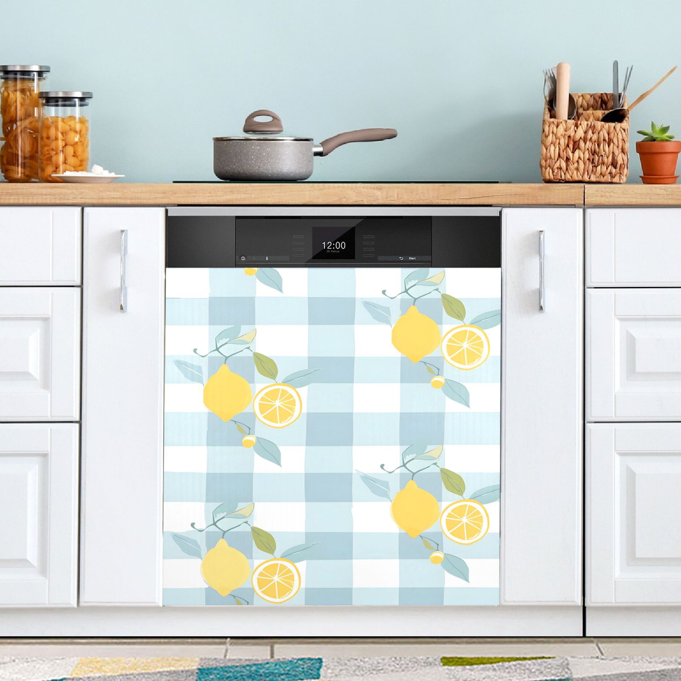 Lemon Leaves Blue-white Plaid Dishwasher Magnet Refrigerator Magnetic ...