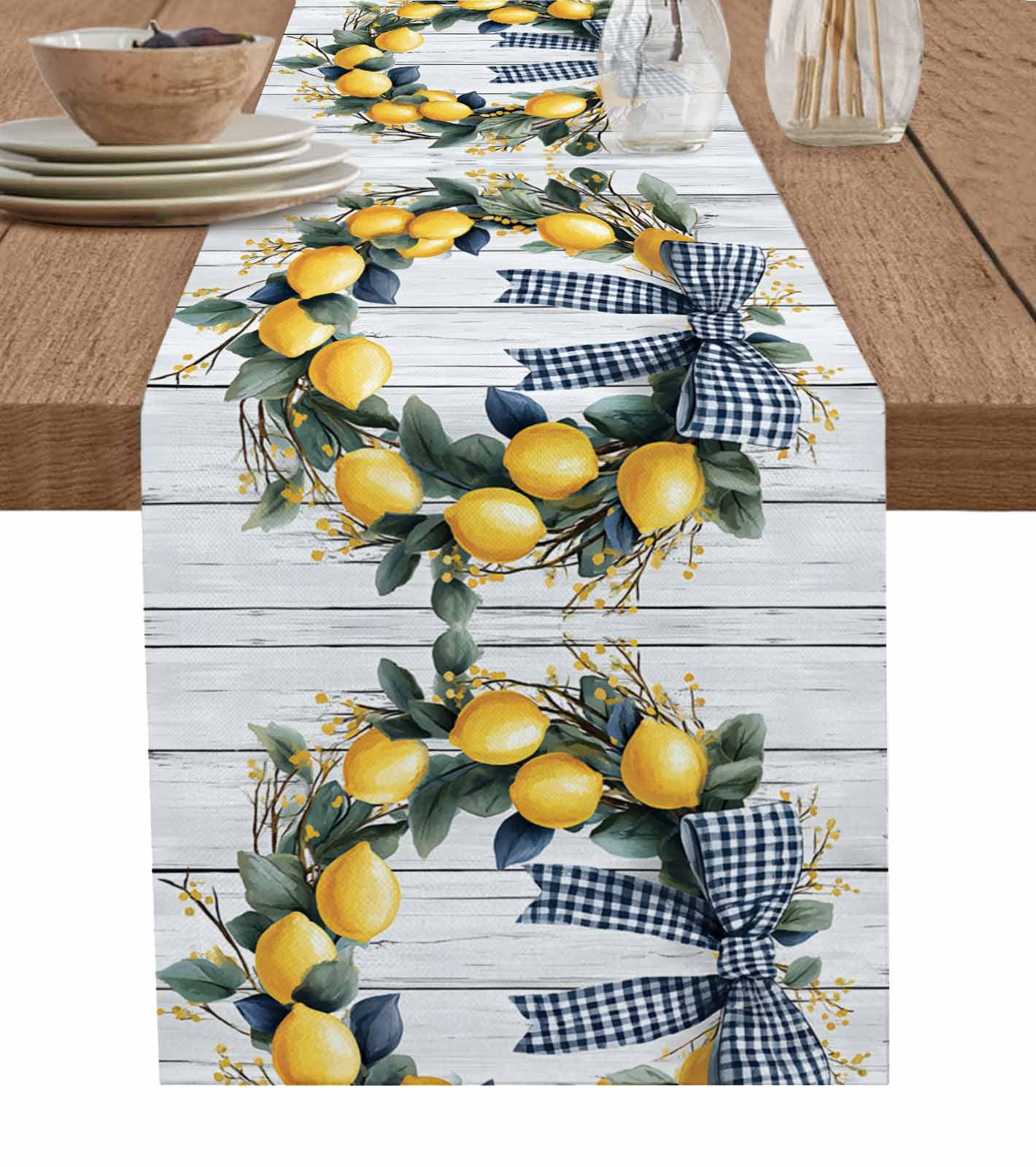 Lemon Leaves Garland Table Runner 90 Inches, Farmhouse Checkered Bow ...