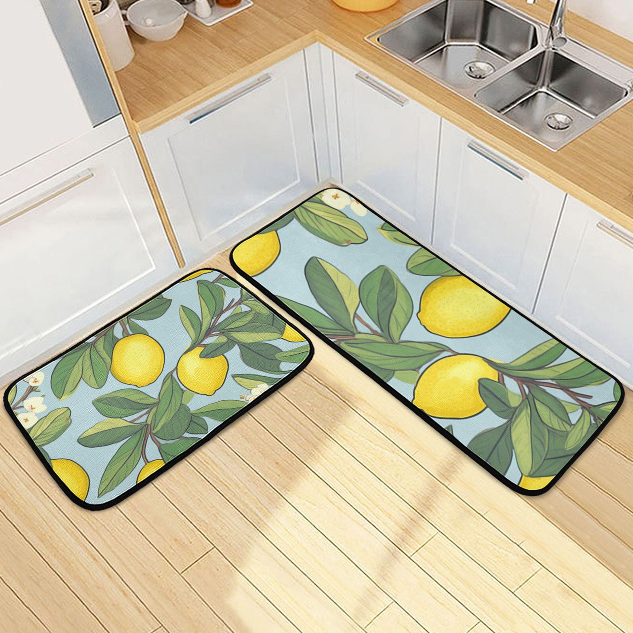 Lemon Leaves Kitchen Rugs Set of 2 Non Slip Floor Foam Mat Cushioned ...