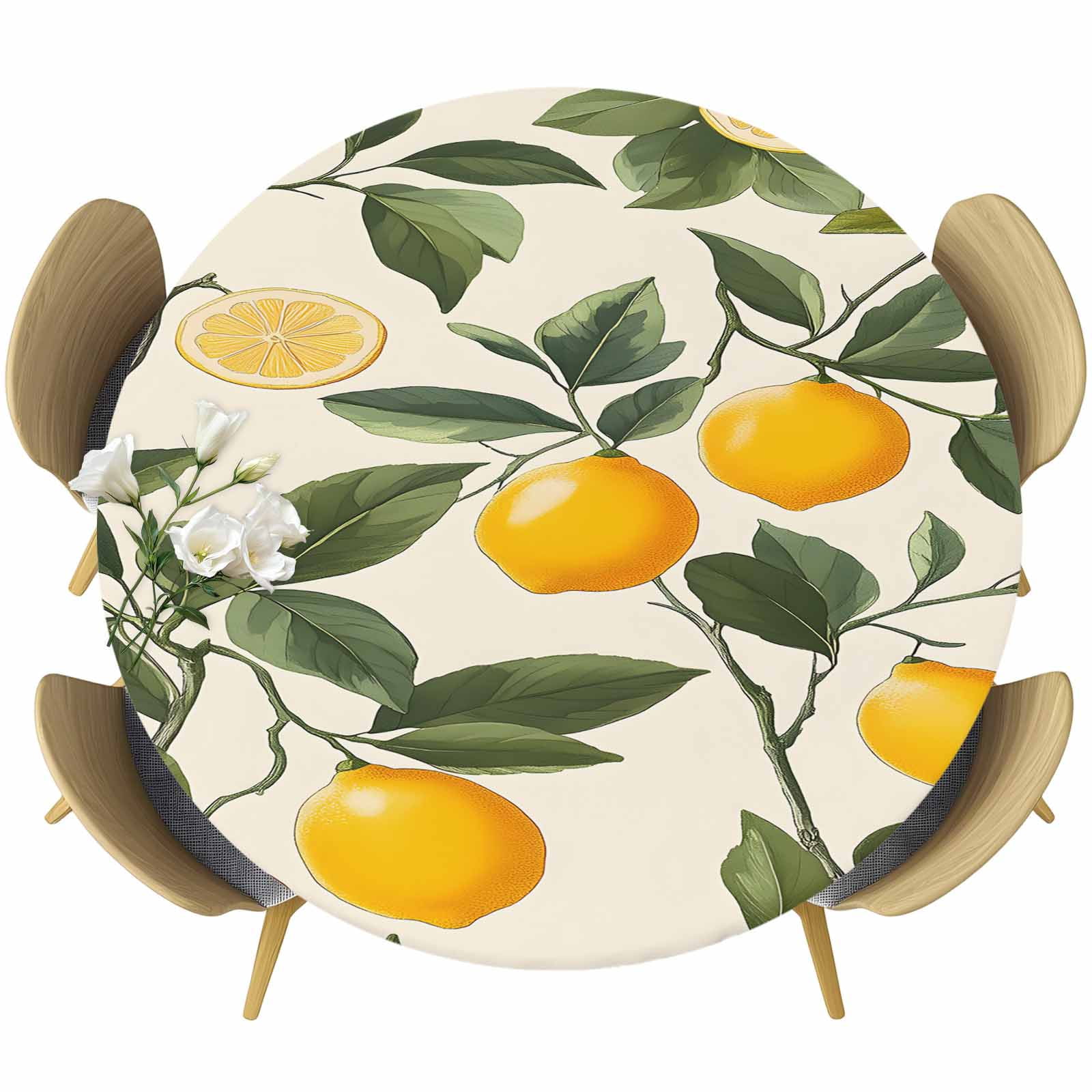 Lemon Leaves Round Tablecloth 36-44 Inch Round Fitted Table Cloth with ...