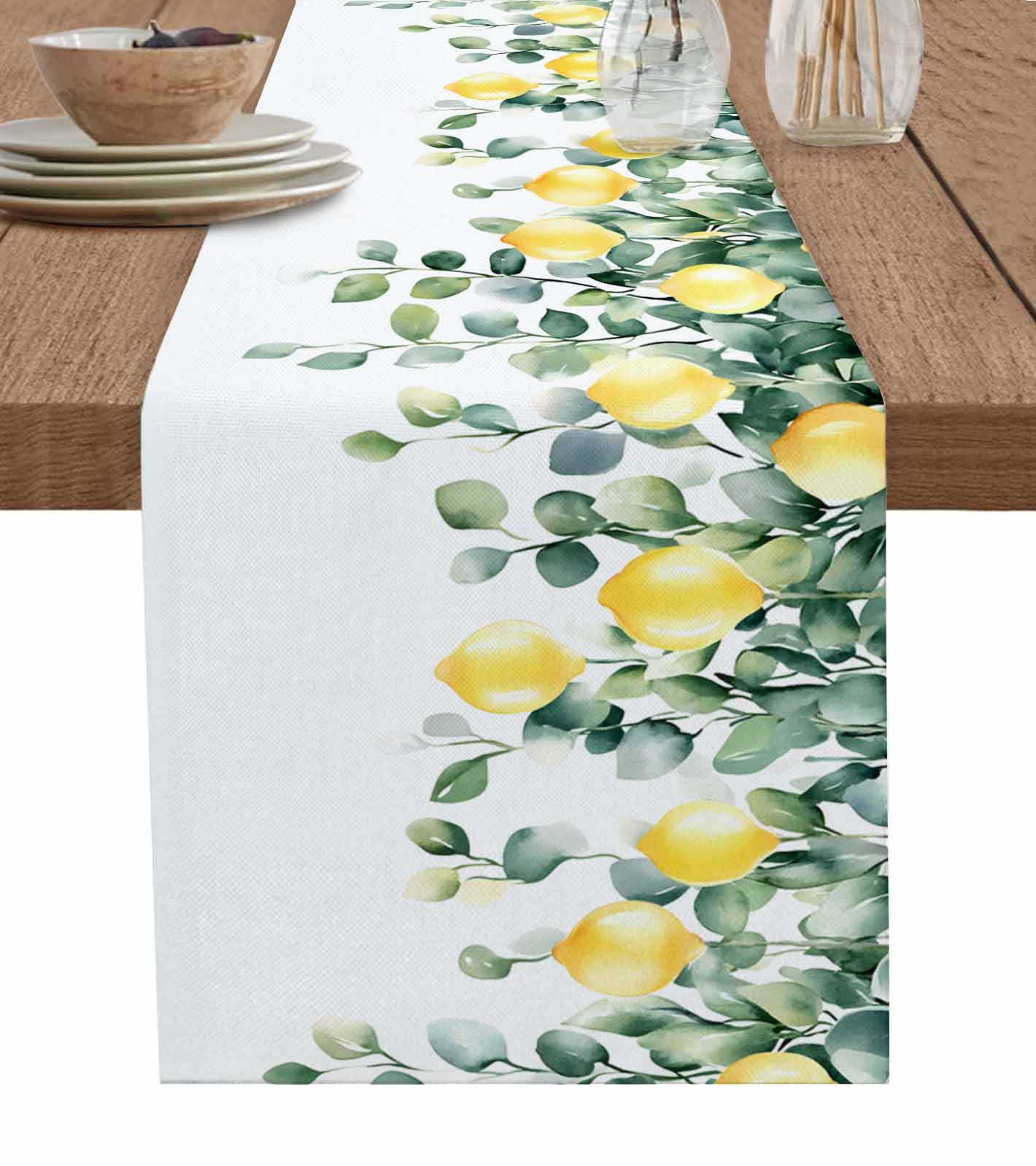 Lemon Leaves Table Runner 70 Inches, Summer Botanical Eucalyptus ...
