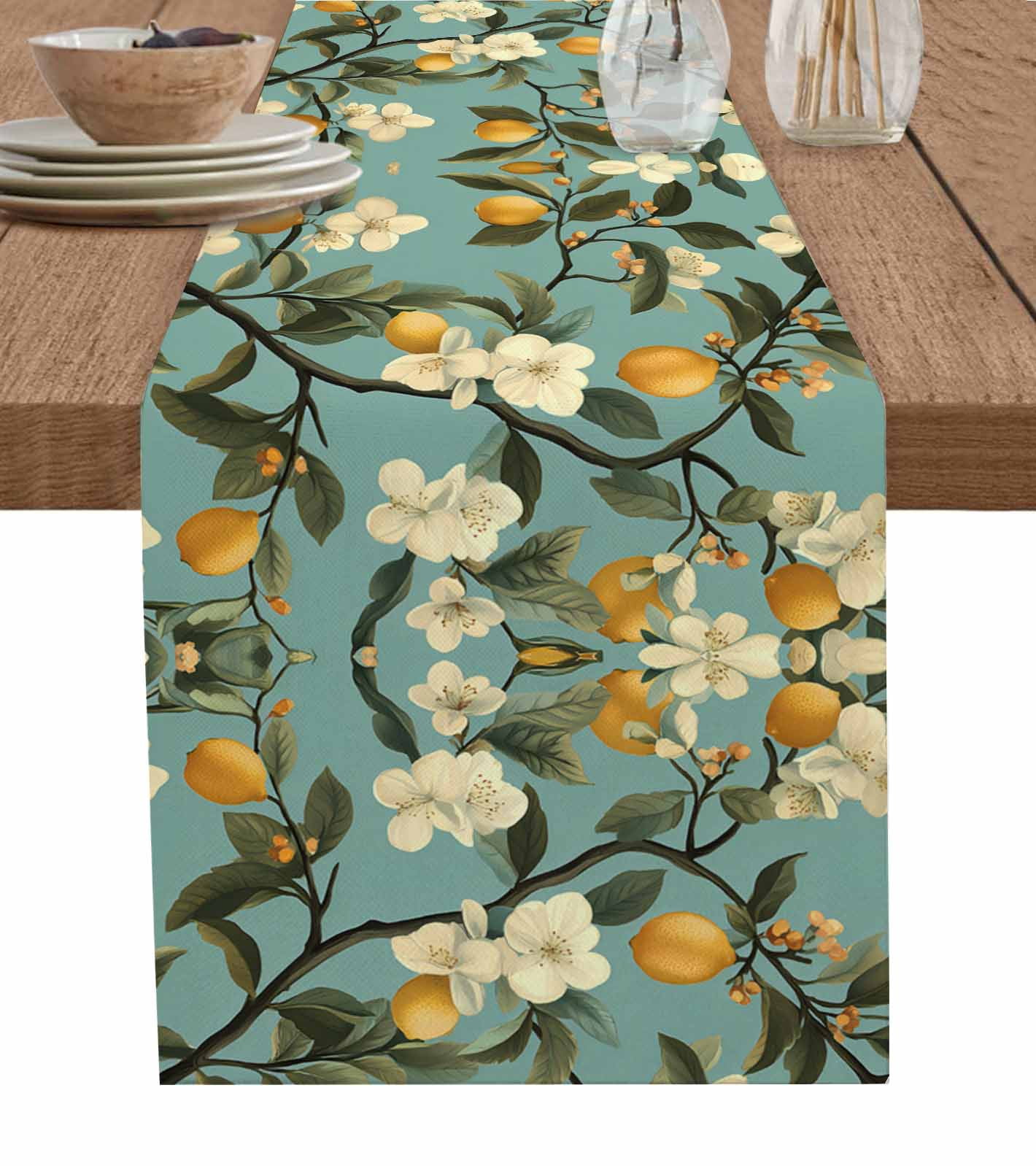 Lemon Leaves Table Runner 72 Inches, Summer Fruit Branch Leaf Summer ...