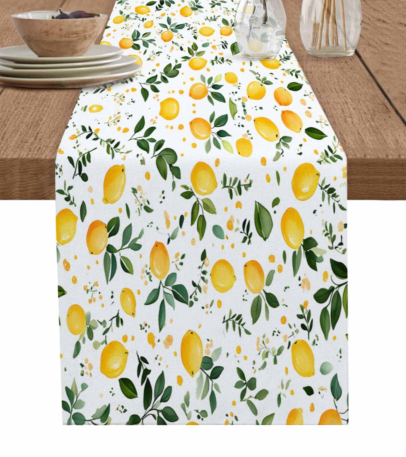 Lemon Leaves Table Runner 90 Inches, Summer Fruit Botanical Watercolor ...