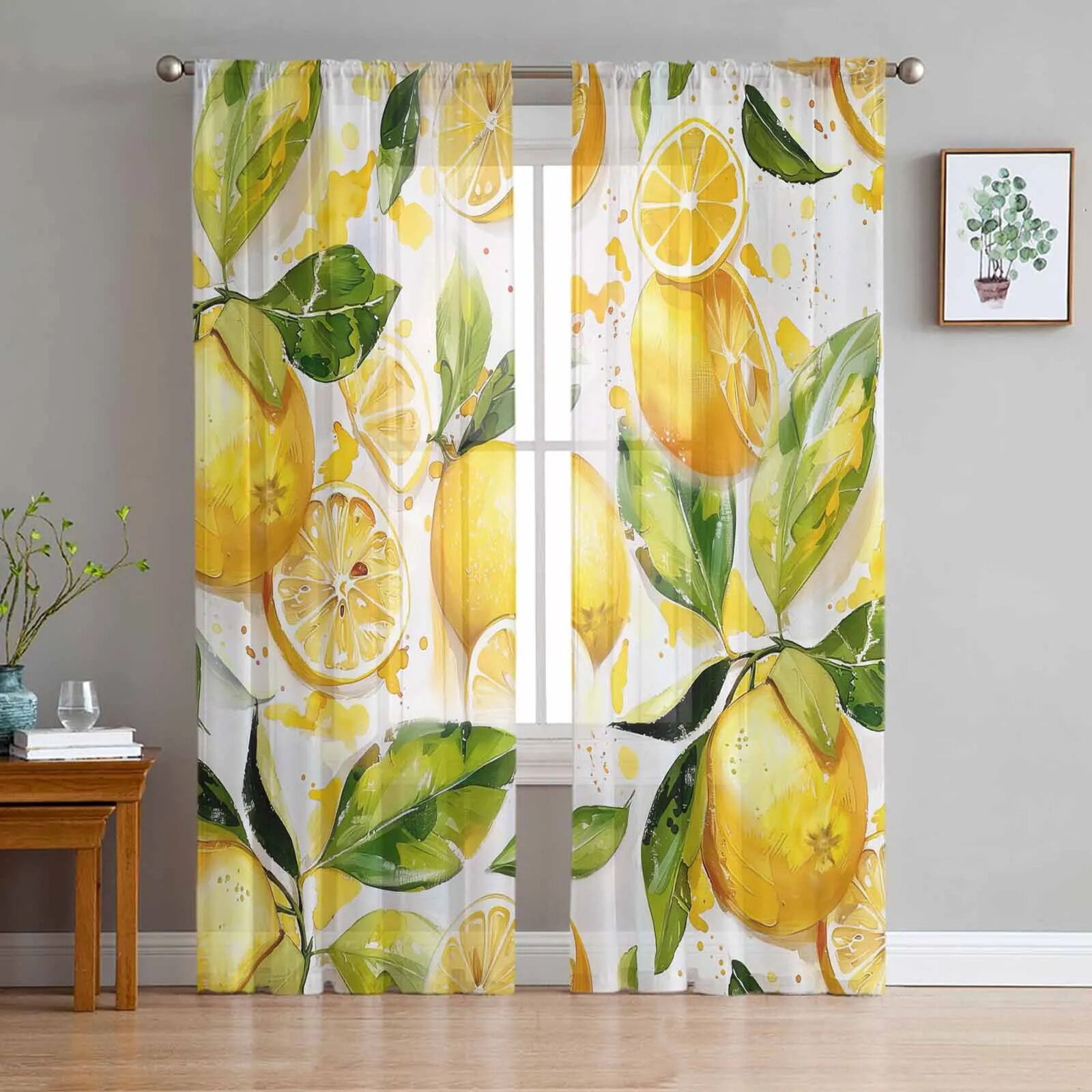 Lemon Leaves Watercolor Tulle Curtains for Living Room Bedroom Modern ...