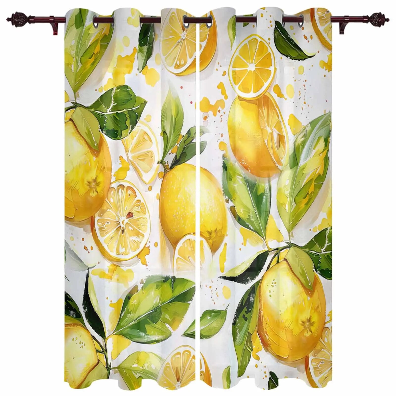 Lemon Leaves Watercolor Window Curtains for Living Room Luxury Bedroom ...
