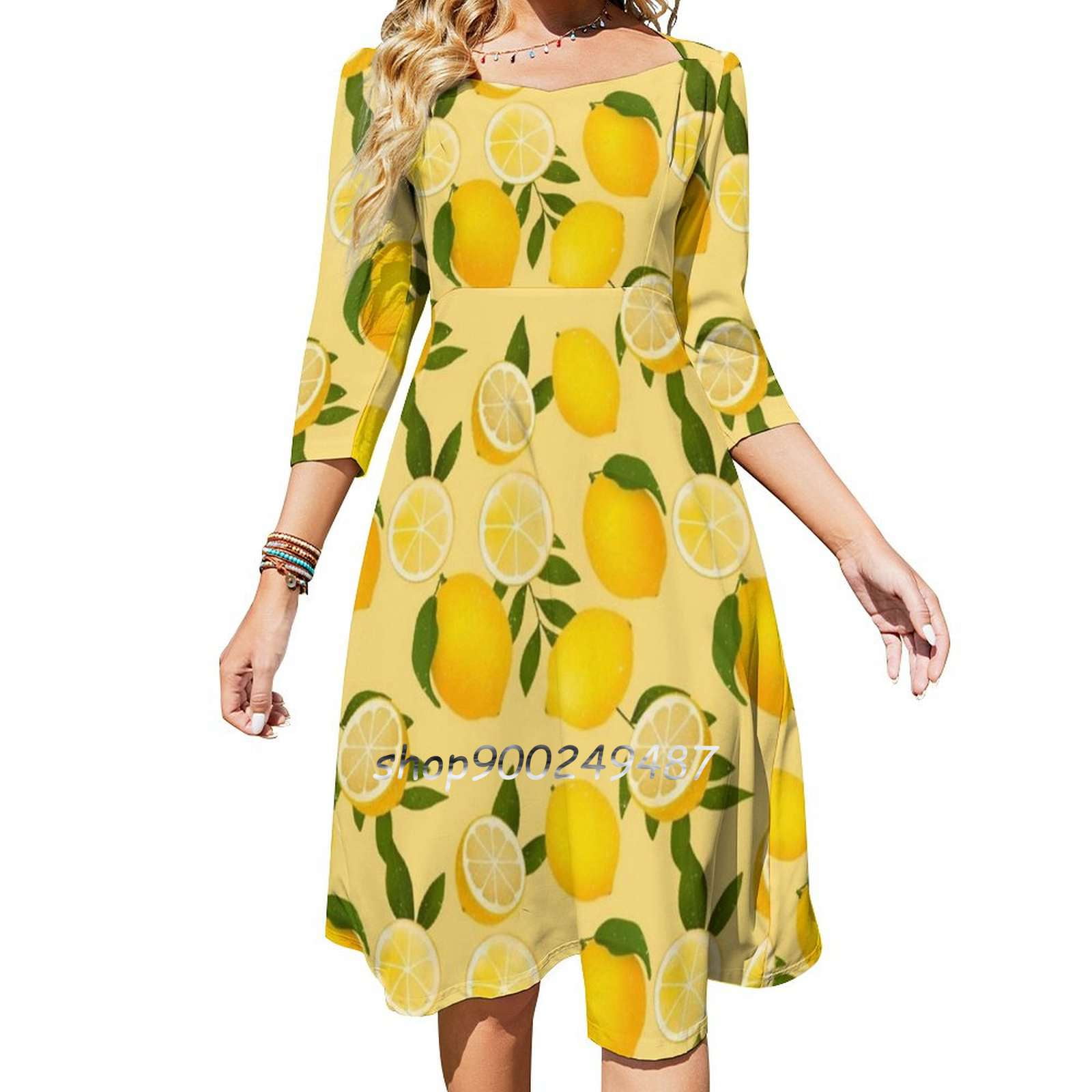 Lemon-Lemon Flare Dress Square Neck Dress Elegant Female Fashion Printed Dress Lemon Sour Fruit ...