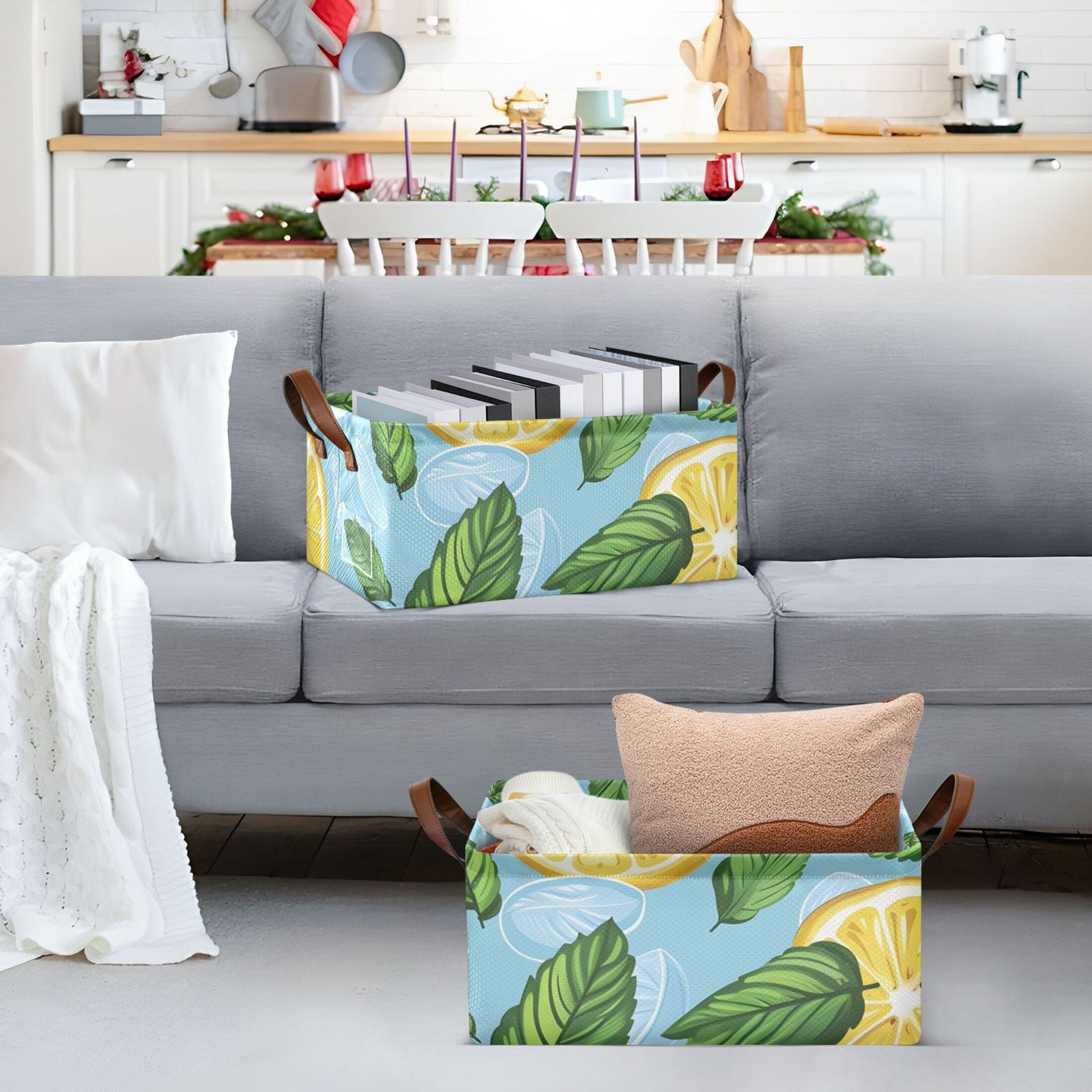 Lemon Mint Leaves Storage Bins with Handles Foldable Storage Baskets ...