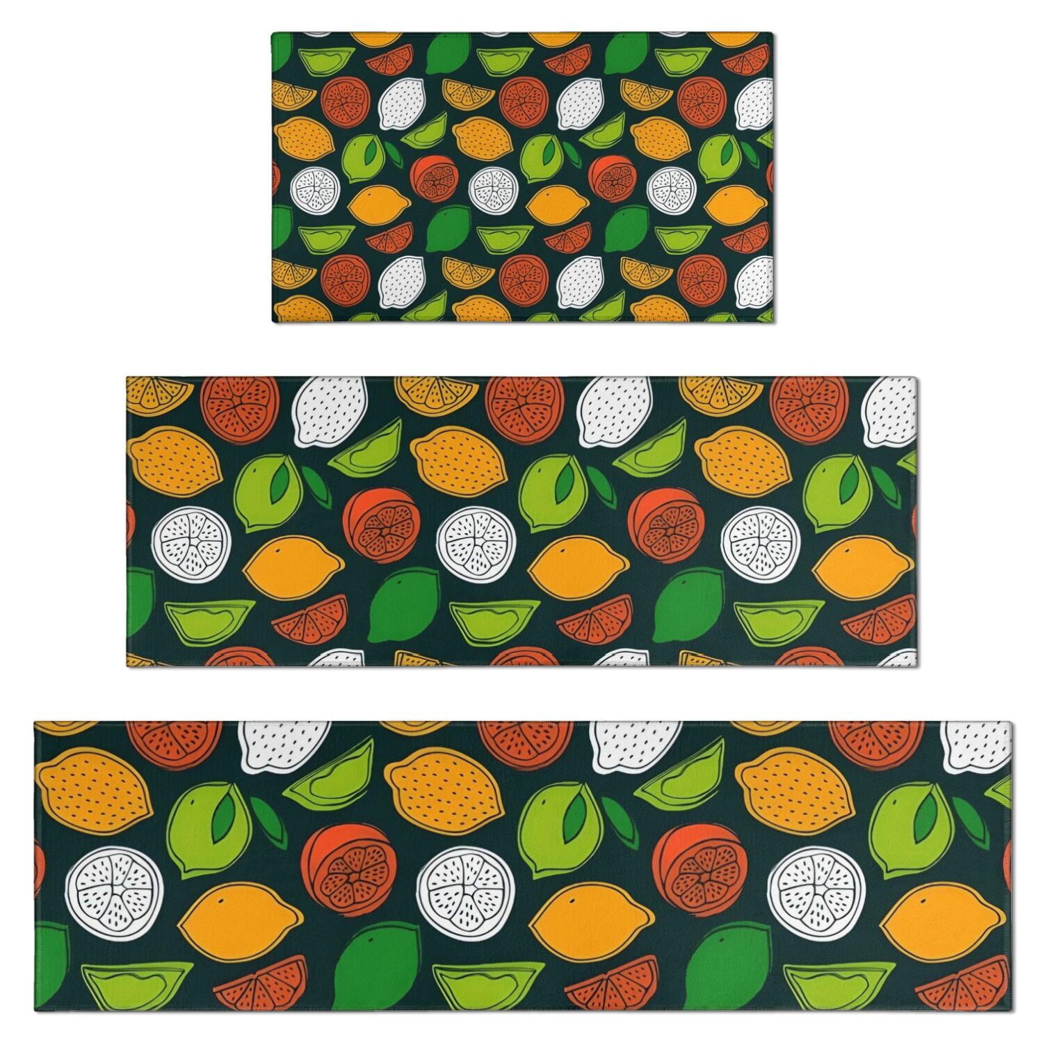 Lemon Mixed Citrus Fruits DarkGreen Pattern Kitchen Rugs Sets Of 3 ...