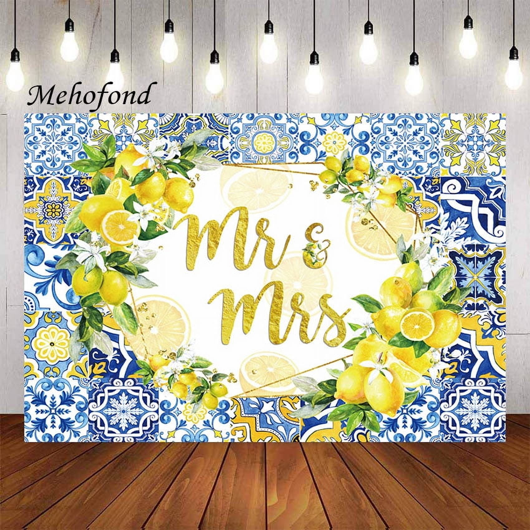 Lemon Mr and Mrs Blue Tile Floral Print Bridal Shower Wedding Party r ...