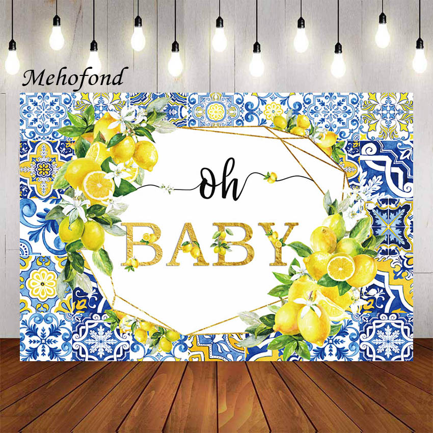 Lemon Oh Baby Shower Blue Tile Floral Print Gender Reveal Kids Bday r ...