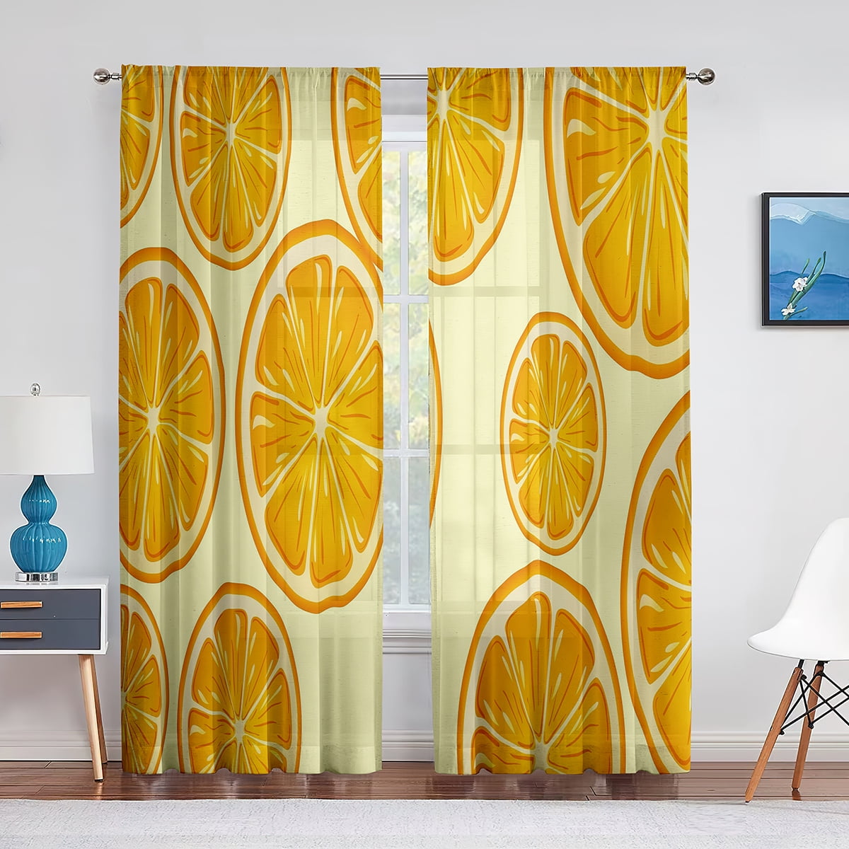 Lemon Orange Fruits Round Citrus Design Tulle Curtains for Living Room ...