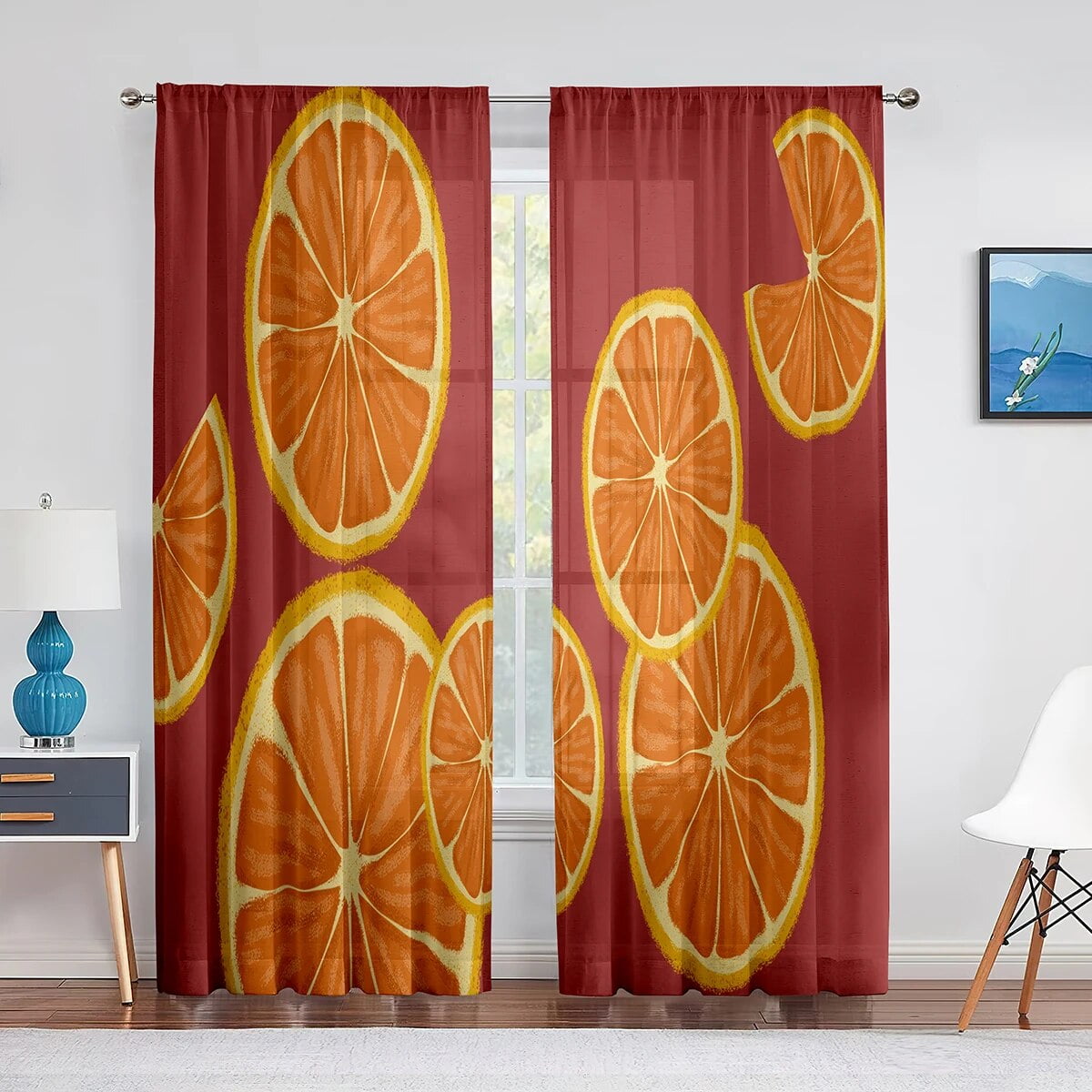 Lemon Orange Fruits Round Citrus Design Tulle Curtains for Living Room ...