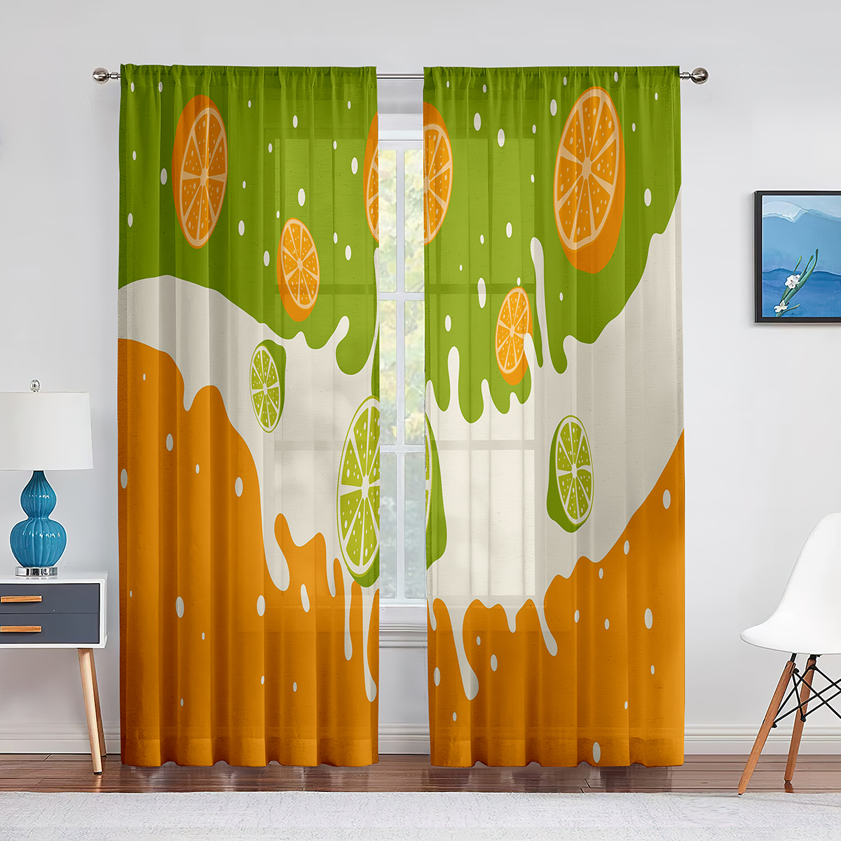 Lemon Orange Fruits Round Citrus Design Tulle Curtains for Living Room Bedroom Transparent ...