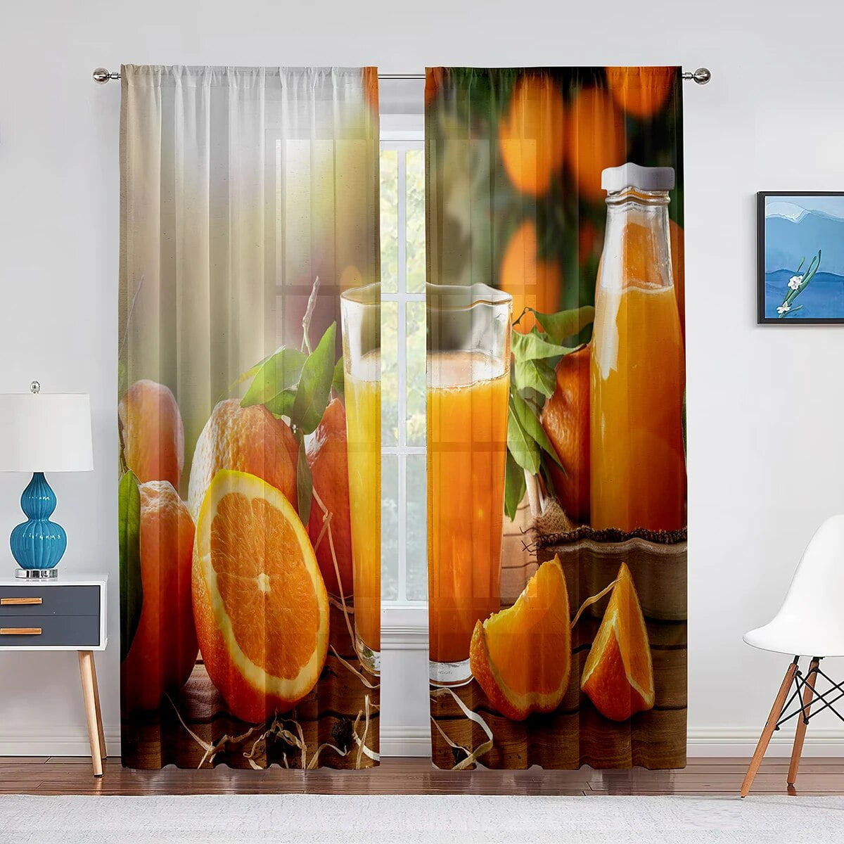 Lemon Orange Fruits Round Citrus Design Tulle Curtains for Living Room ...