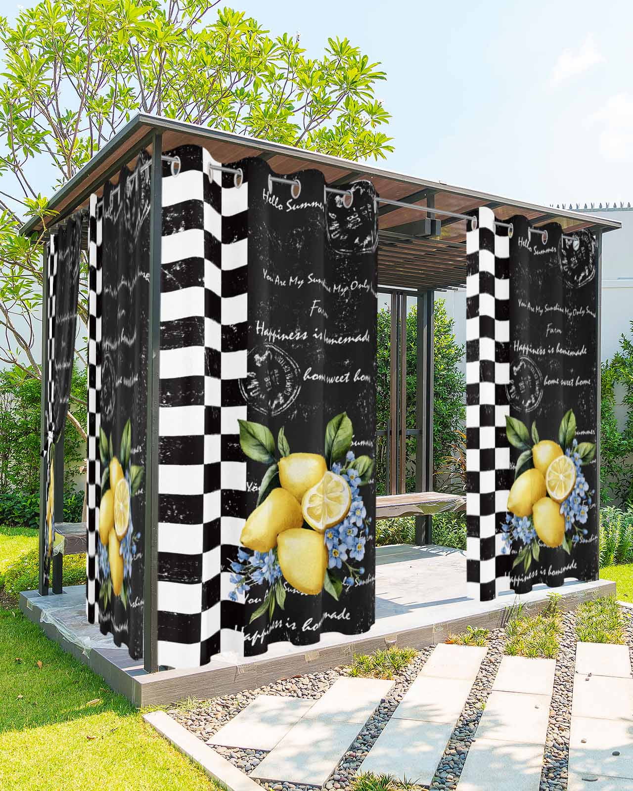 Lemon Outdoor Curtains for Patio Waterproof, Blue Flowers Black Country ...