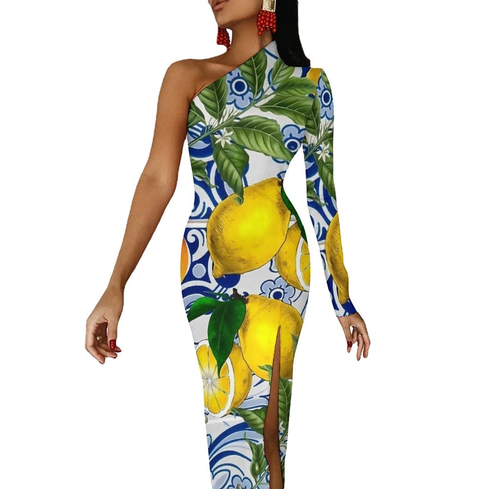 Lemon -Painted Tile Style Citrus Bodycon Dress Summer High Slit Long ...