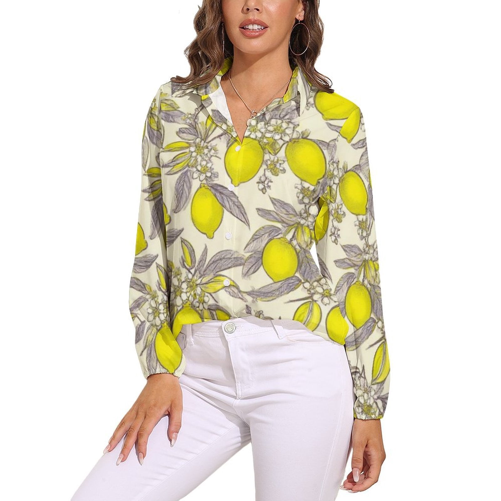 Lemon Pattern-1 Vntage Casual Long Sleeve Shirt Blouse Woman Streetwear ...