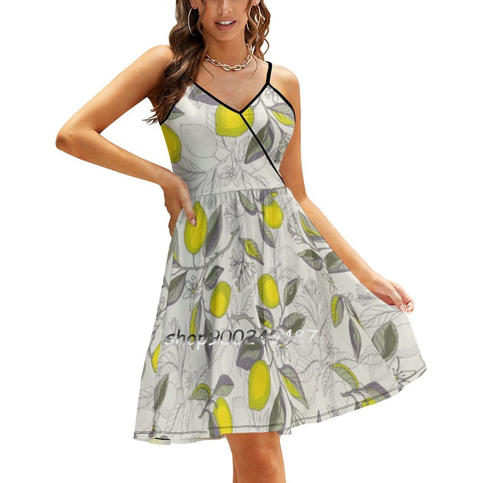 Lemon Pattern Evening Party Dresses Midi Sexy Dress Female Sweet One ...