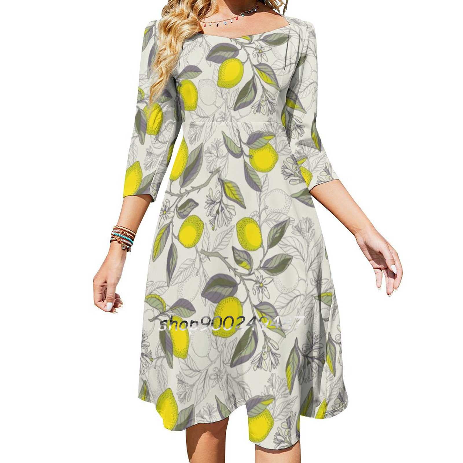Lemon Pattern Evening Party Dresses Midi Sexy Dress Female Sweet One Piece Dress Korean Pattern ...