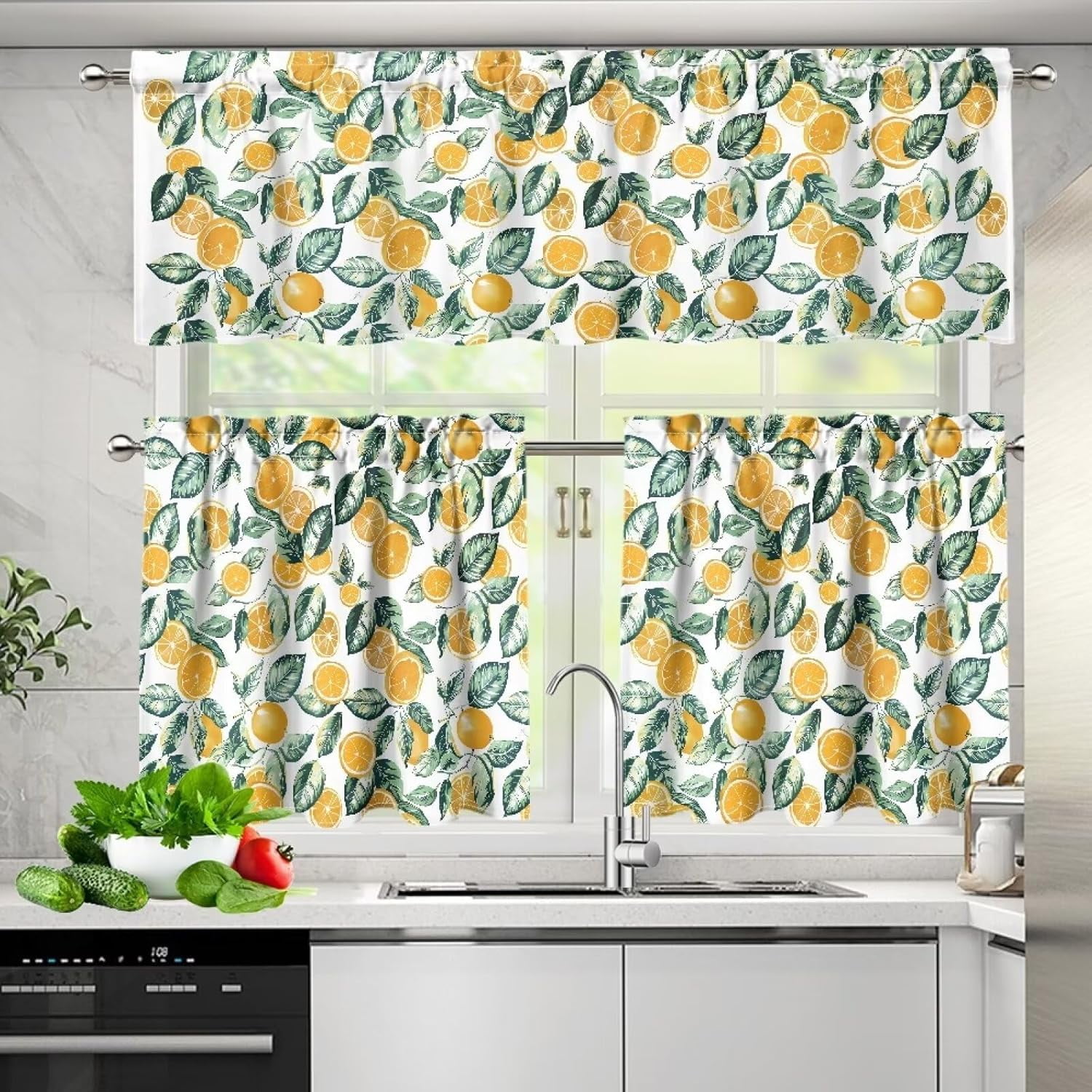 Lemon Pattern Kitchen Curtains Tiers and Valances Set 3 Rod Pocket ...
