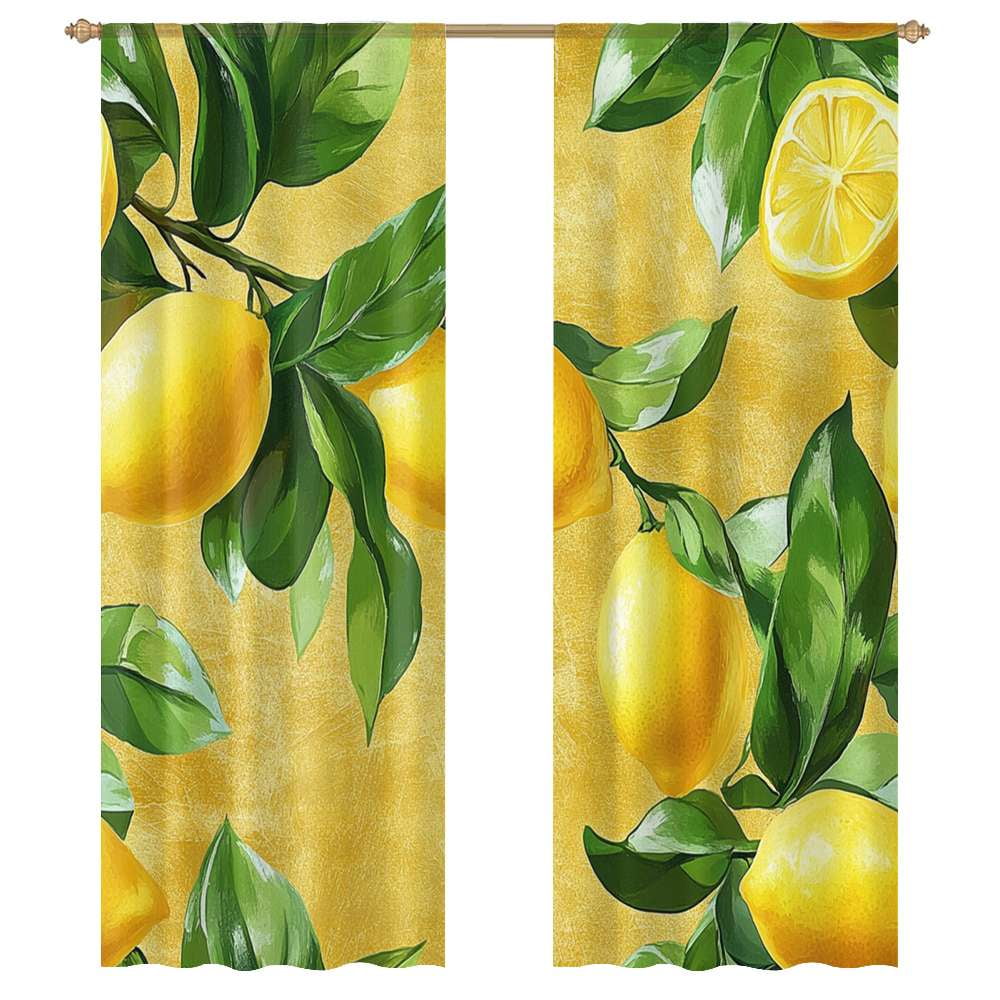 Lemon Pattern On Gold Background Modern Tulle Window Curtains for ...