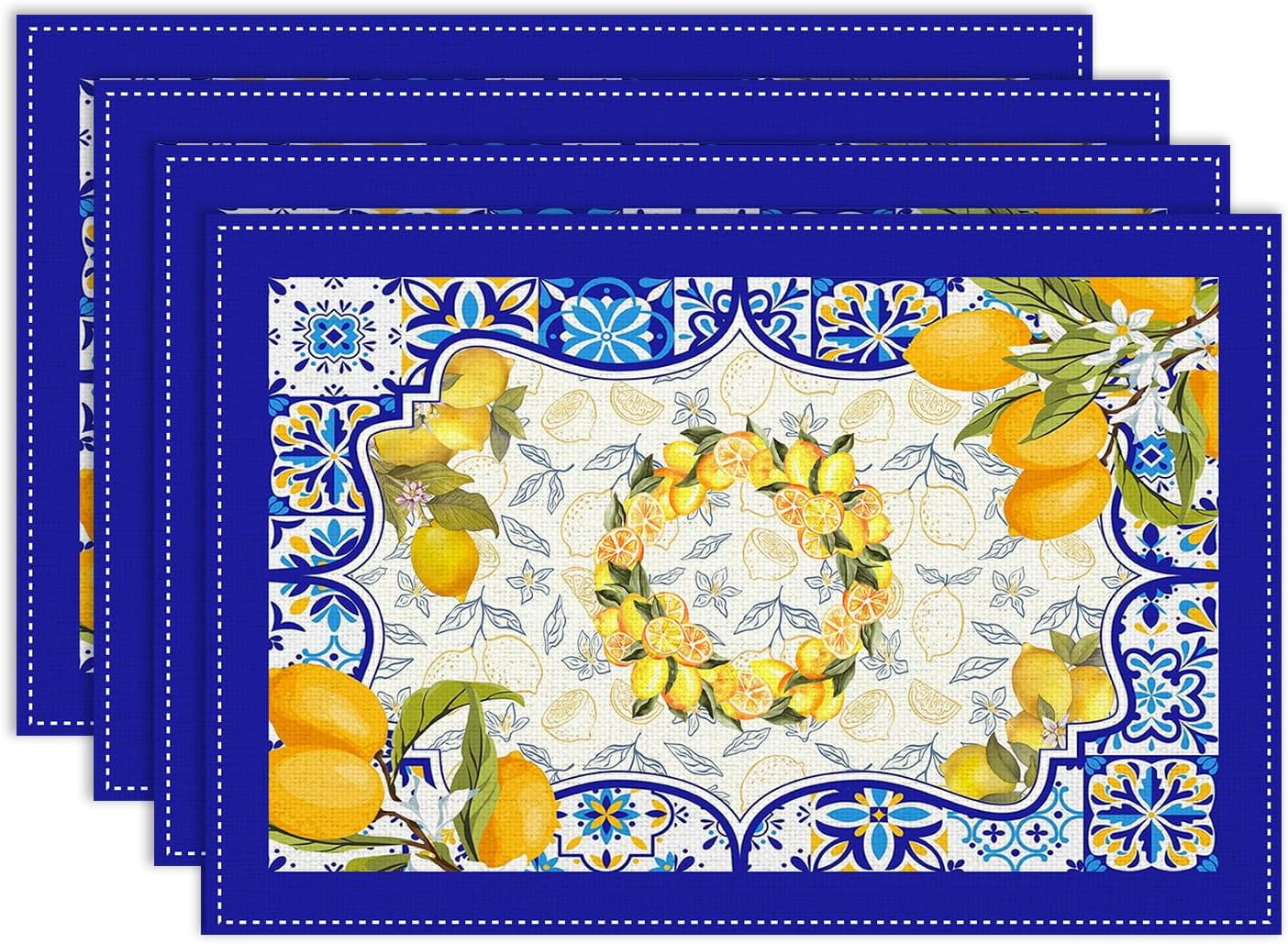 Lemon Placemats Set of 4, 12x18 Inch Yellow and Blue Mediterranean ...