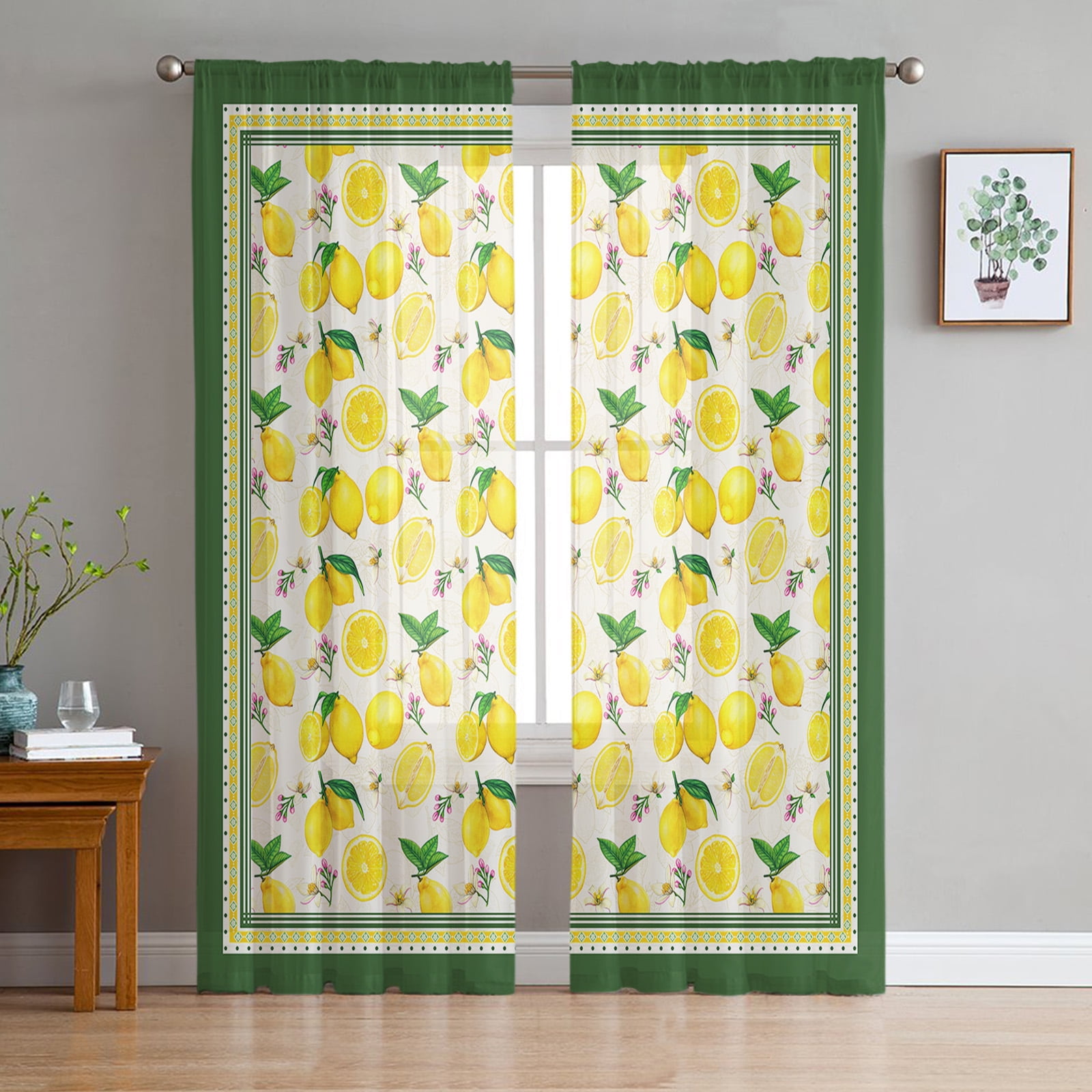 Lemon Plaid Fruit Chiffon Sheer Curtains For Living Room Bedroom ...